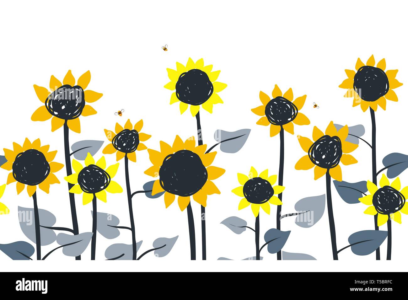 Sunflowers. Vector horizontal border seamless pattern. Hand drawn ...