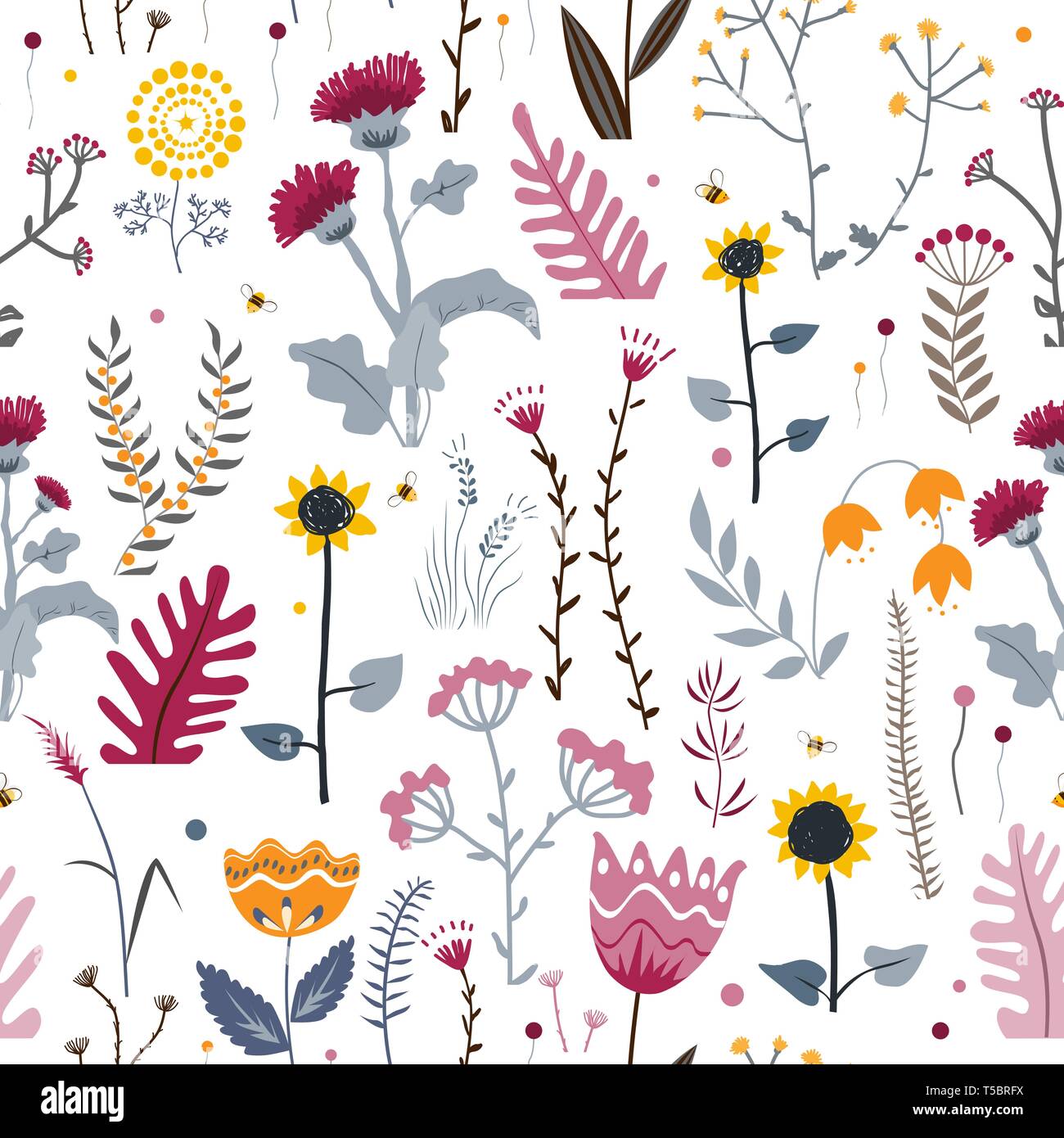 Vector nature seamless background with hand drawn wild herbs, flowers ...