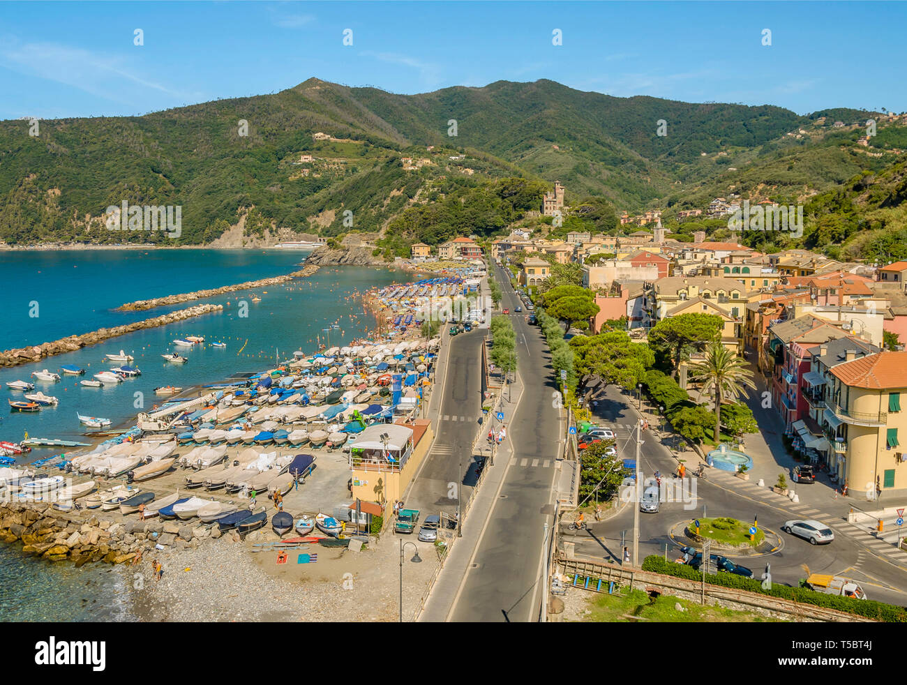 Beach of the coastal village Moneglia, Liguria, North West Italy Stock ...