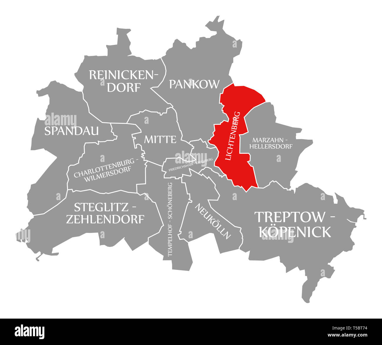 Lichtenberg city district red highlighted in map of Berlin Germany ...