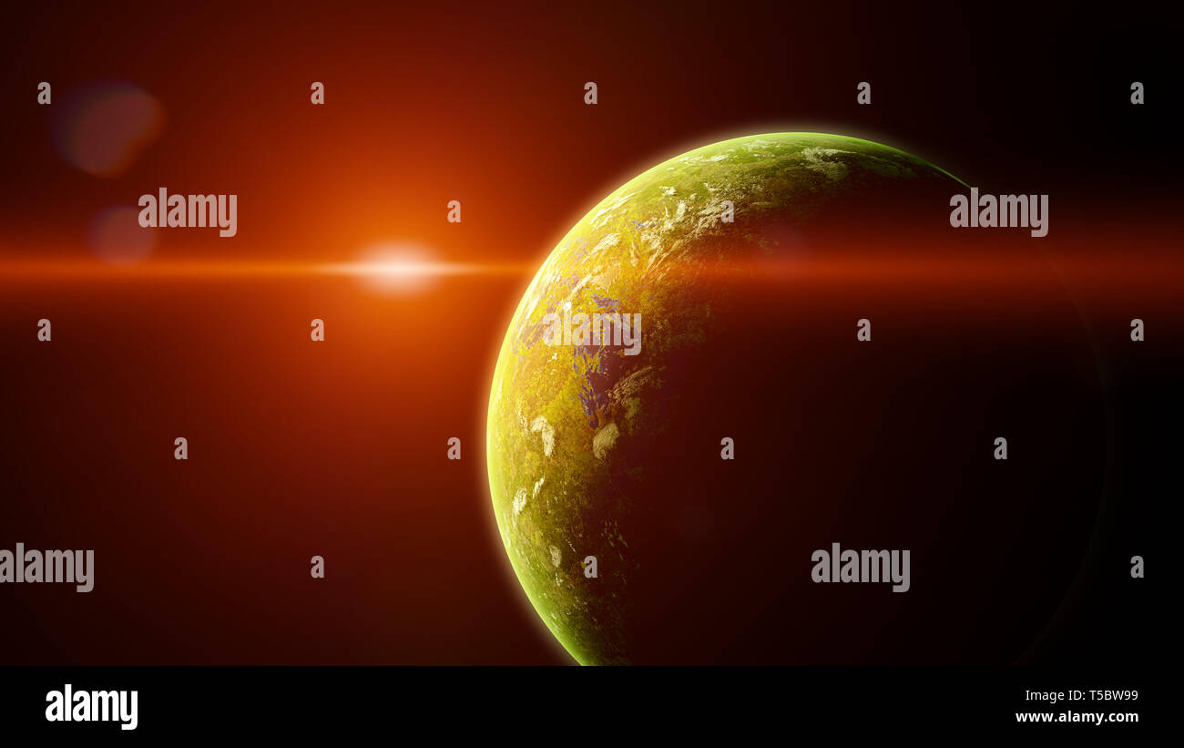 sunrise over forest exoplanet, jungle alien planet in a distant star ...