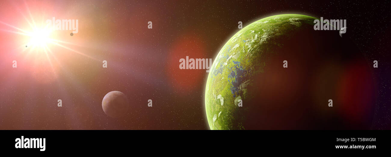 green alien planet, jungle exoplanet with water and plant life in a ...