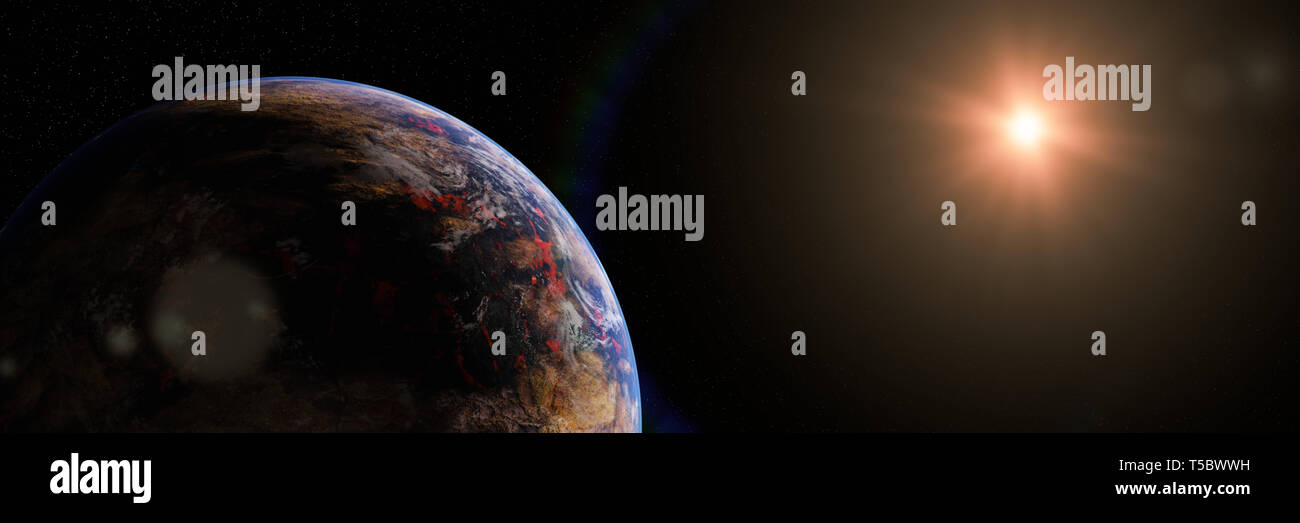 alien lava planet, sunrise over exoplanet (3d space render banner Stock ...