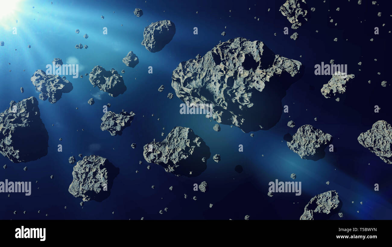 a group of asteroids lit by the Sun, asteroid belt space scene (3d ...