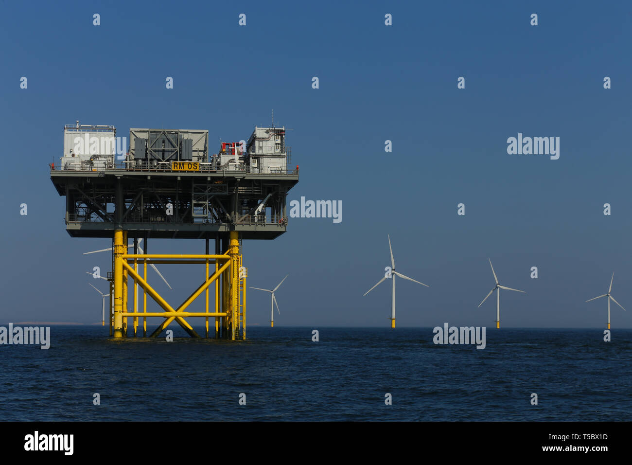 view of the offshore platform and windmills of Rampion windfarm off the ...