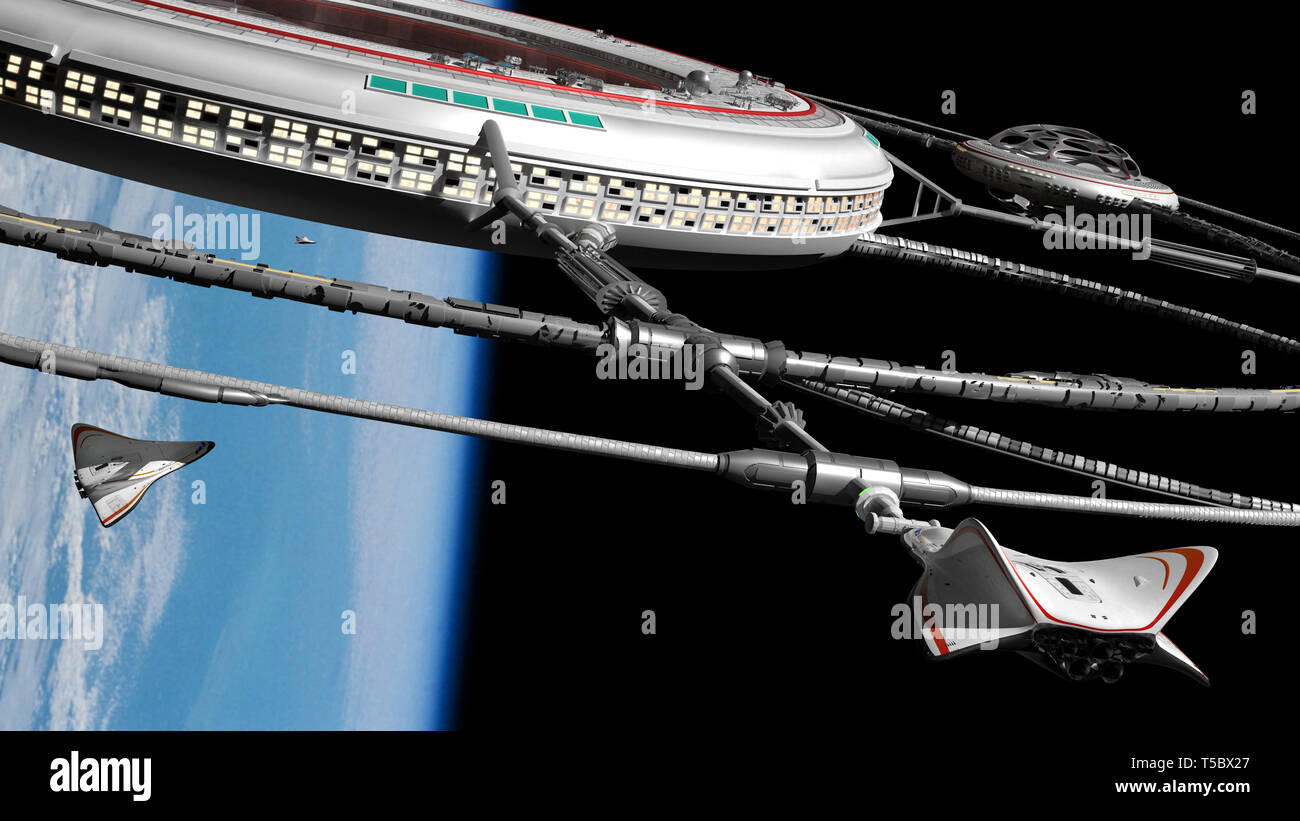 space station with spaceships in orbit of planet Earth (3d science ...