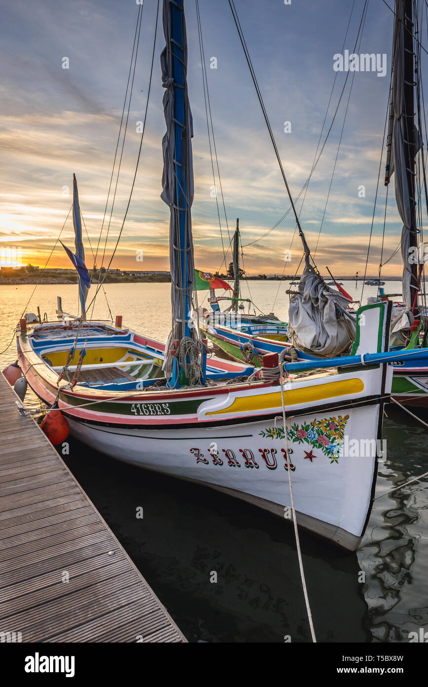 Traditional painted boats in port of Moita town, Setubal District in ...