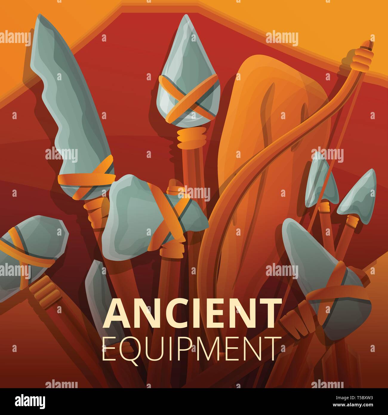 Ancient stone equipment concept background. Cartoon illustration of ...