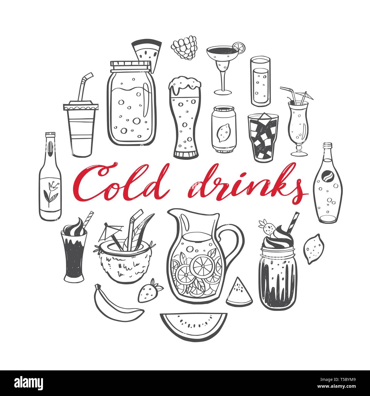 Vector hand drawn set of Cold drinks, summer cocktails and beverages ...
