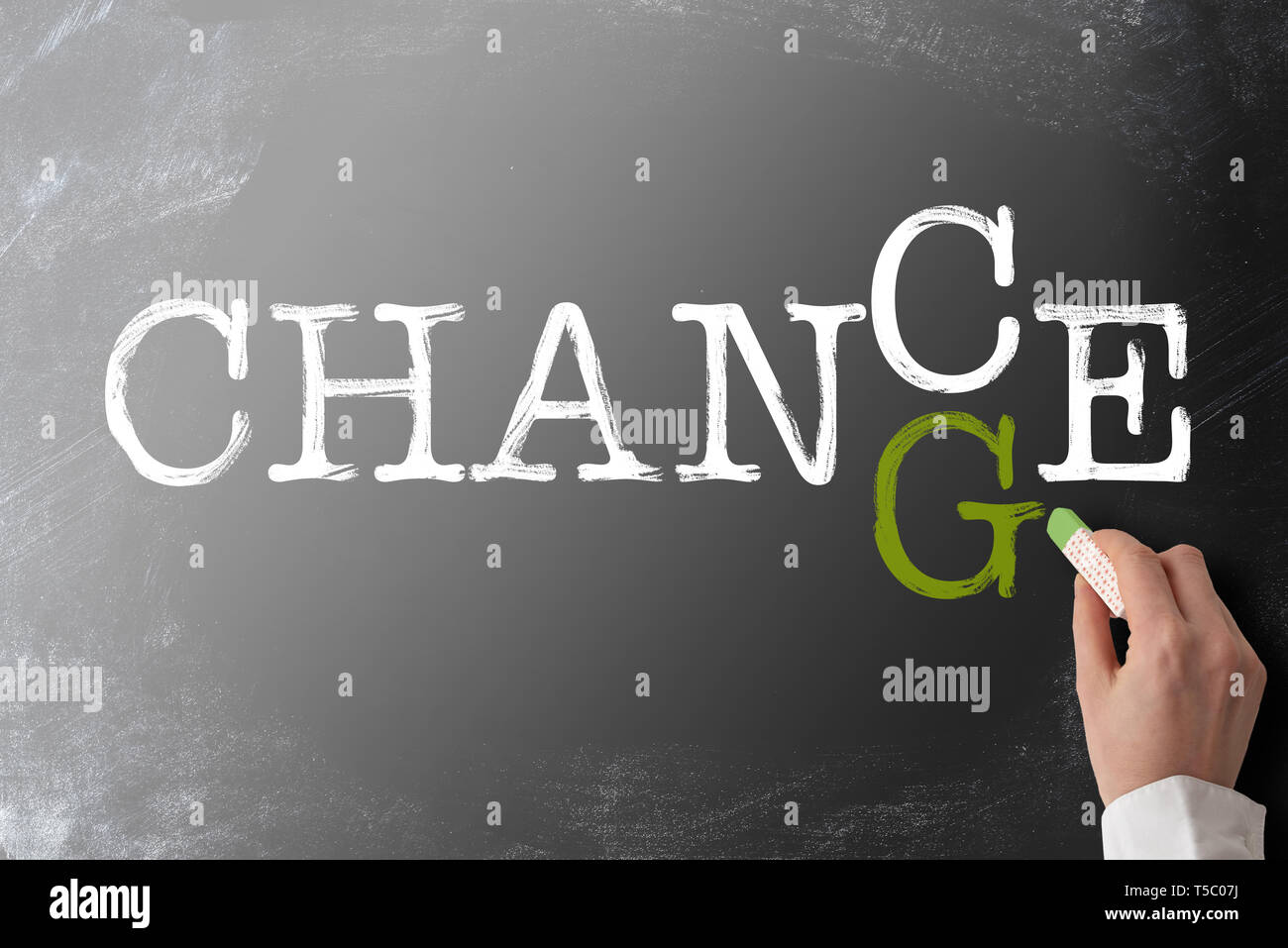 word CHANGE turning into CHANCE on blackboard Stock Photo - Alamy