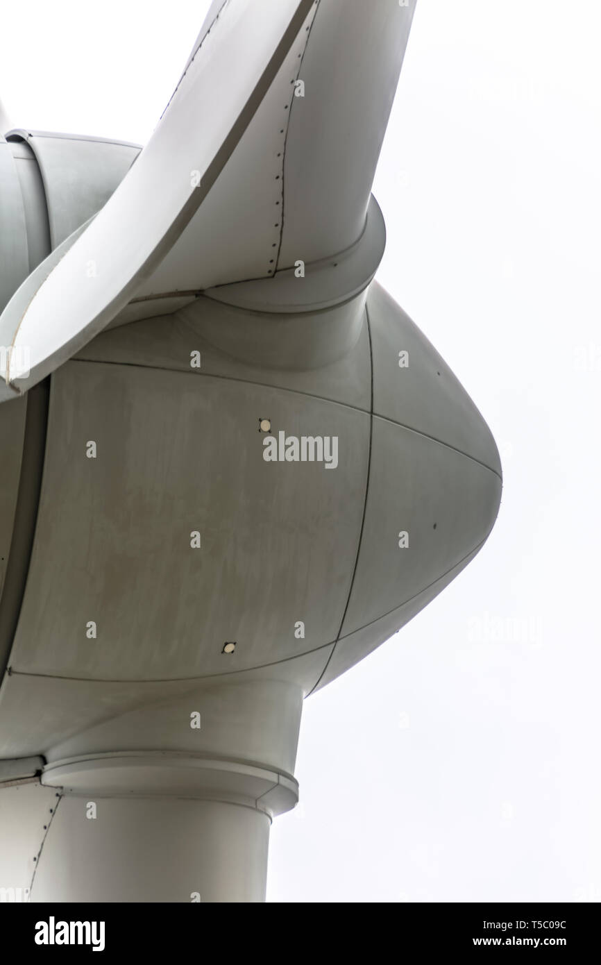 Detailed close up view of a wind turbines; generator, rotor and blade ...