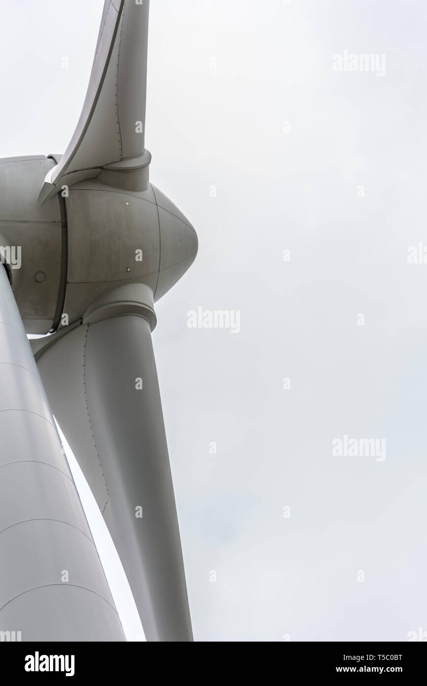 Detailed close up view of a wind turbines; generator, rotor and blade ...