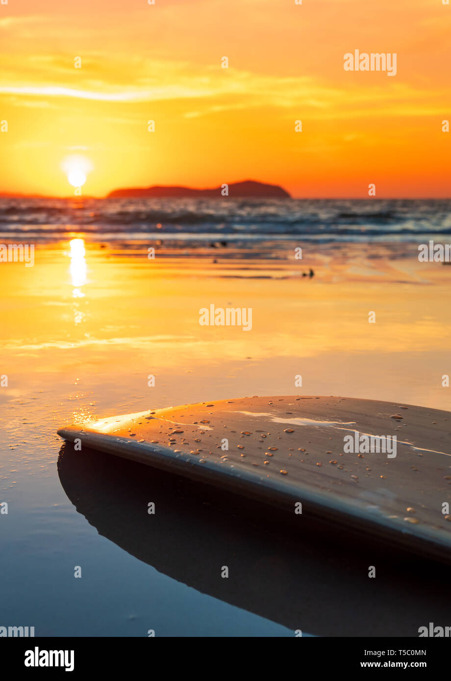 surfboard on the beach in sea shore at sunset time with beautiful light ...