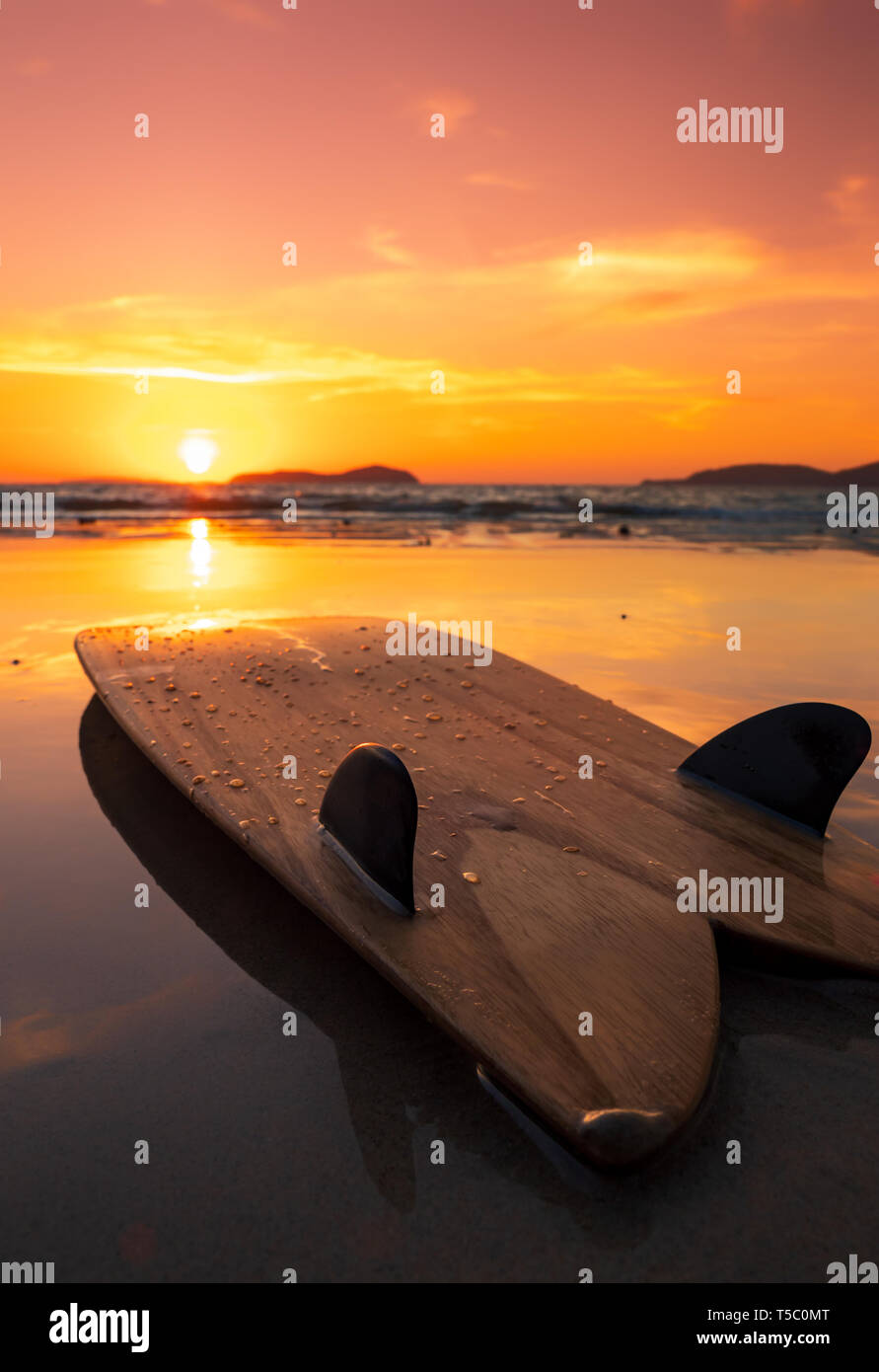 surfboard on the beach in sea shore at sunset time with beautiful light ...