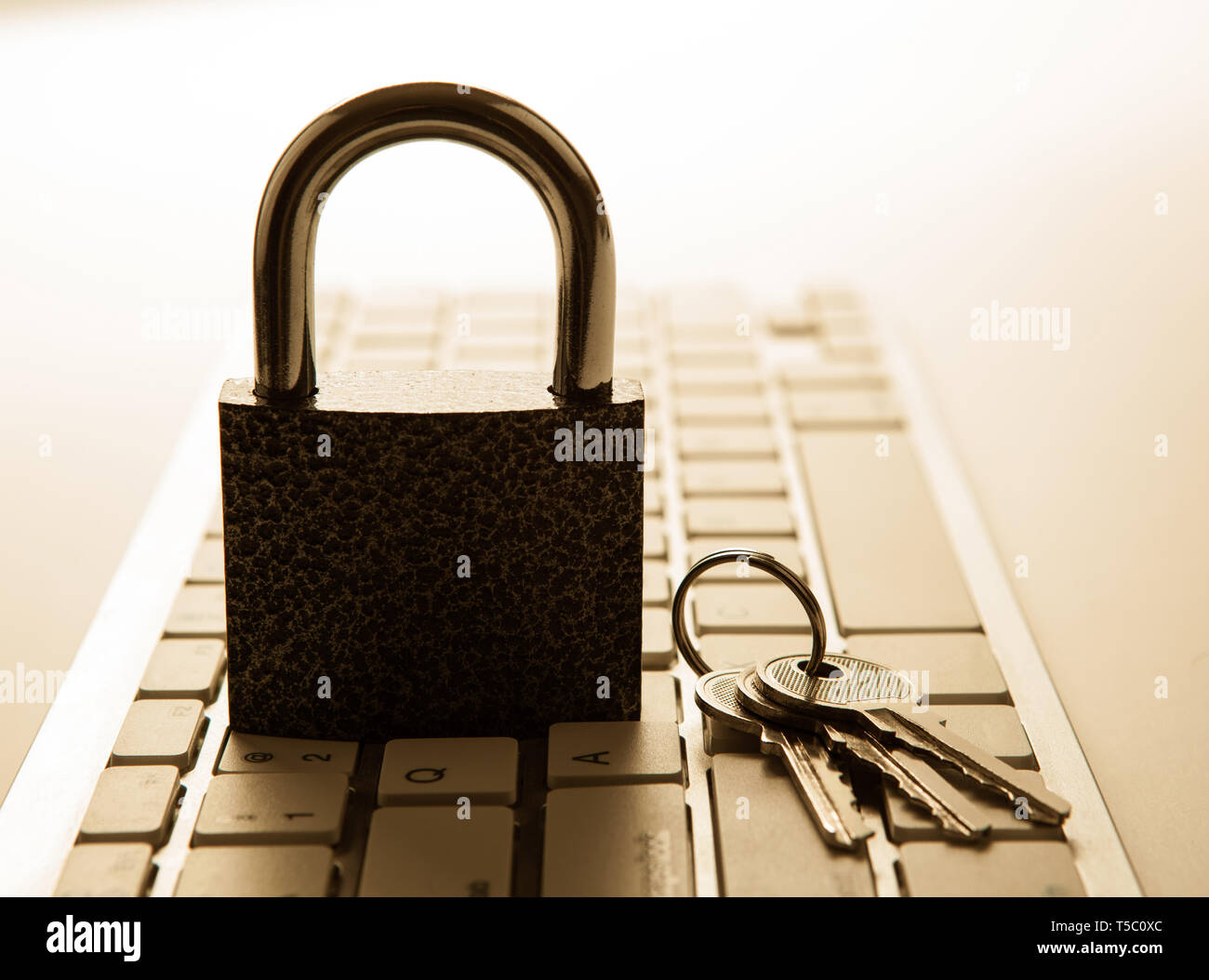 Door lock with keys on a computer keyboard close up Stock Photo - Alamy