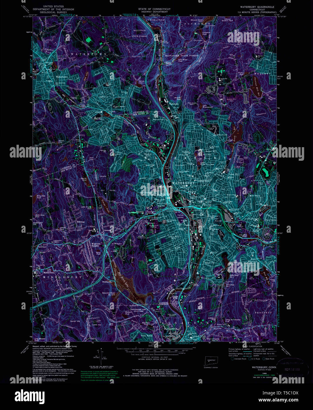 USGS TOPO Map Connecticut CT Waterbury 331229 1968 24000 Inverted ...