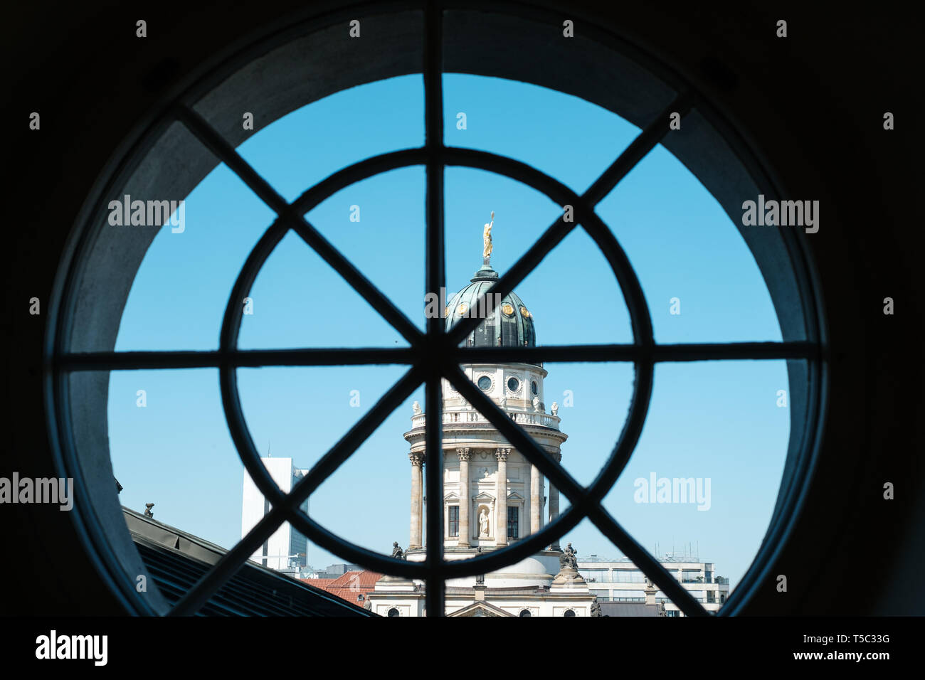 Window view on historic French Cathedral / Dome at Gendarmenmarkt ...