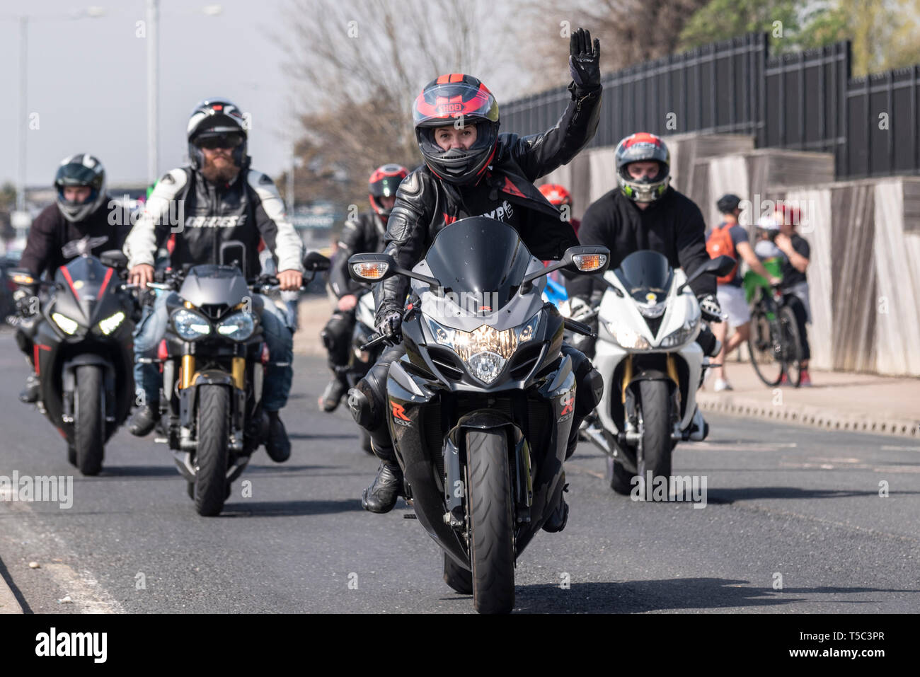 Female rider on Suzuki GSX-R riding at the Southend Shakedown ...