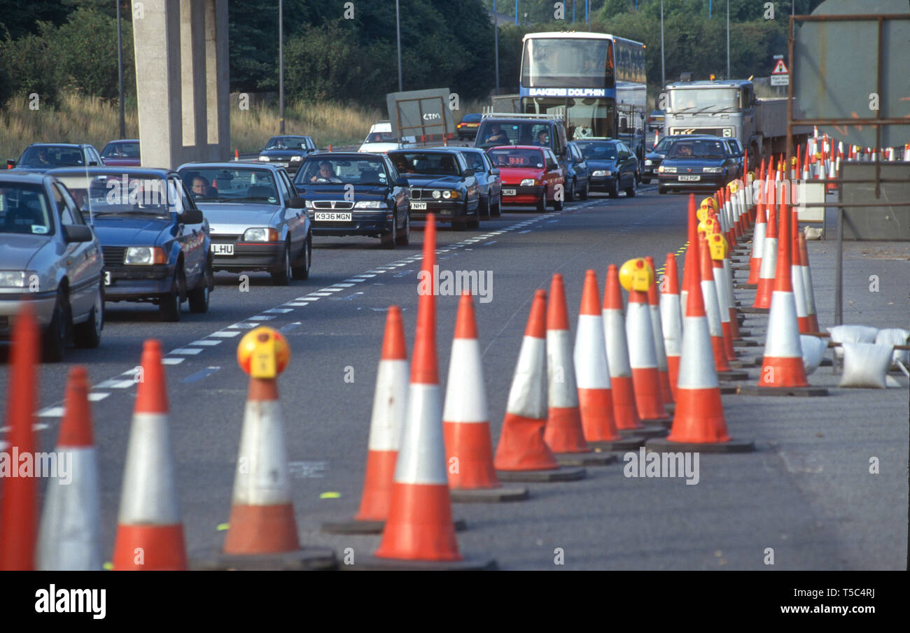 Traffic cones on the M5 near Avonmouth in 1996 UK Stock Photo - Alamy