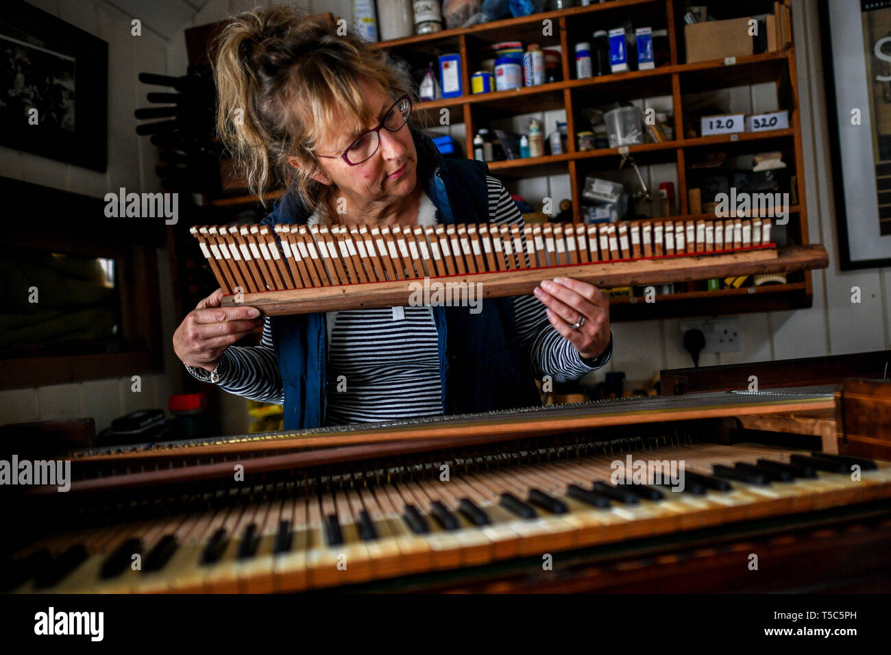 Square piano conservation and repairer Lucy Coad inspects the dampers ...