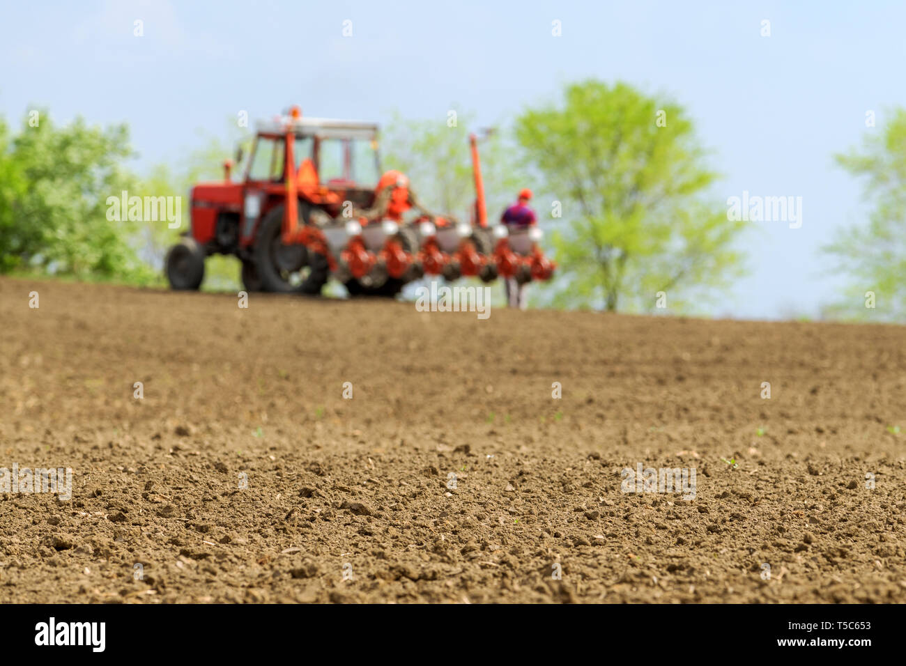 Farmer repairing tractor with seeder in field during corn crop planting ...