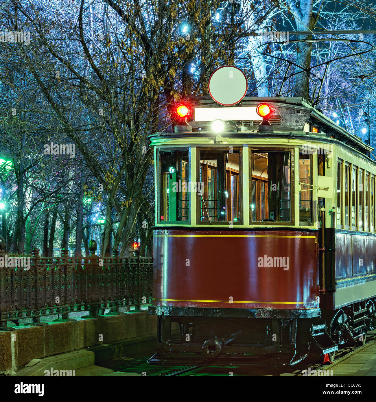 Old vintage tramway car on the night city street. Moscow. Russia Stock ...
