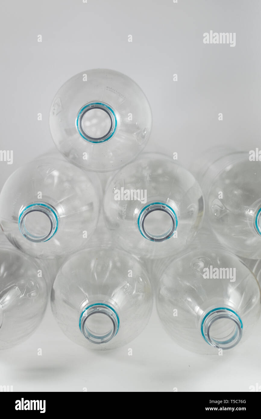 Pile of pack of liter and a half of empty mineral water without caps ...