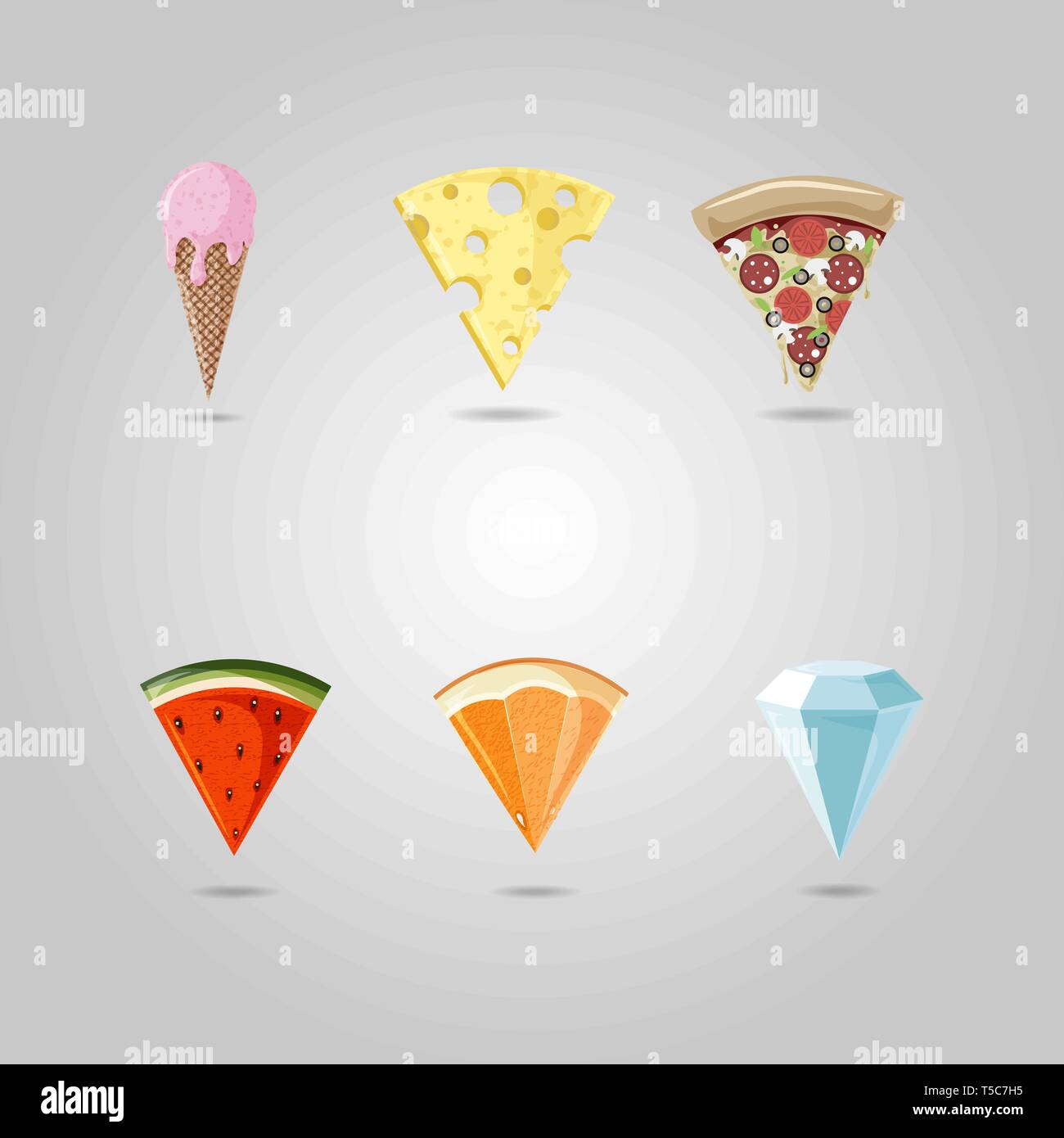 pizza, citrus, watermelon, ice cream, diamond, cheese symbol pointing ...