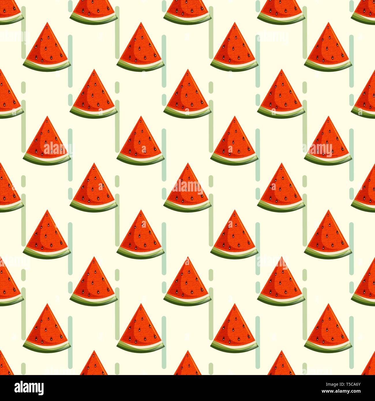 Watermelons seamless pattern of different shapes and seeds. Ripe red watermelons on a yellow ...