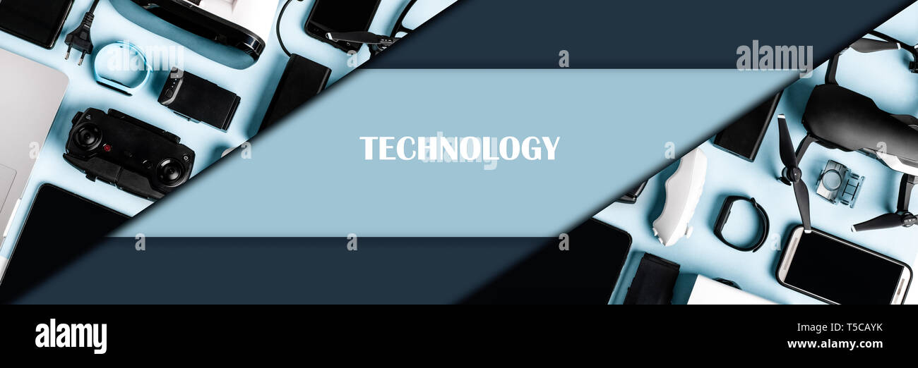 background of modern gadgets on turquoise surface Stock Photo - Alamy