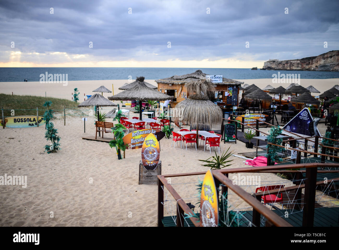 Beach bar on the beach of Nazare, Portugal Stock Photo - Alamy