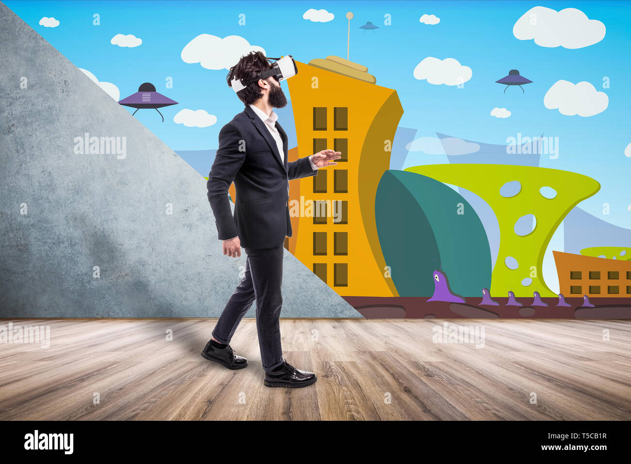 bearded man in VR glasses walking in an empty room, going into a non ...