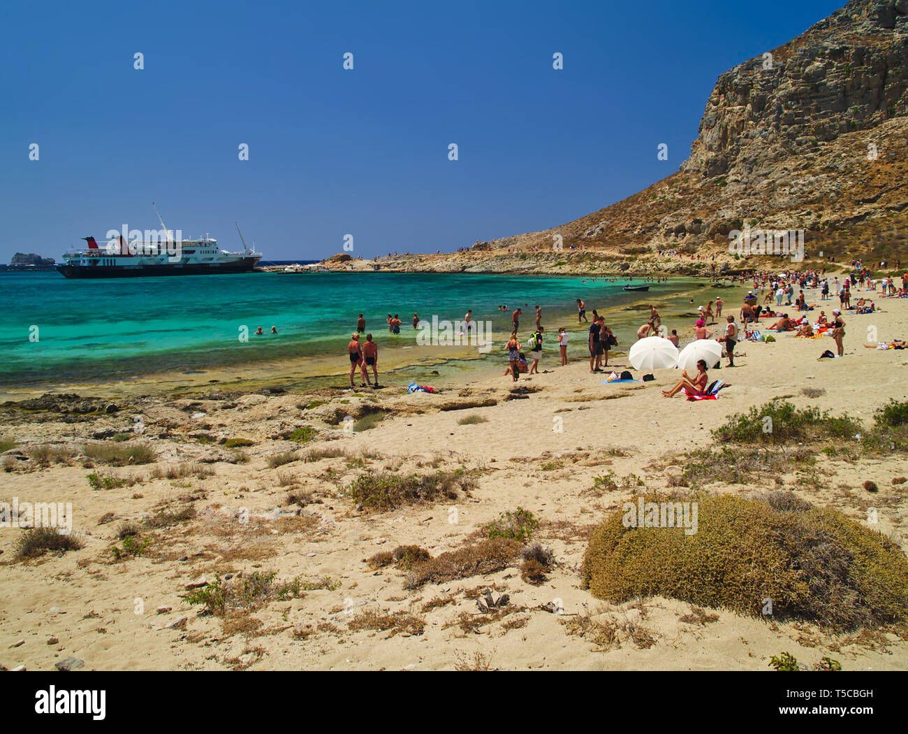 People swiming and sunbathing at Gramvousa island, Crete, Greece Stock ...