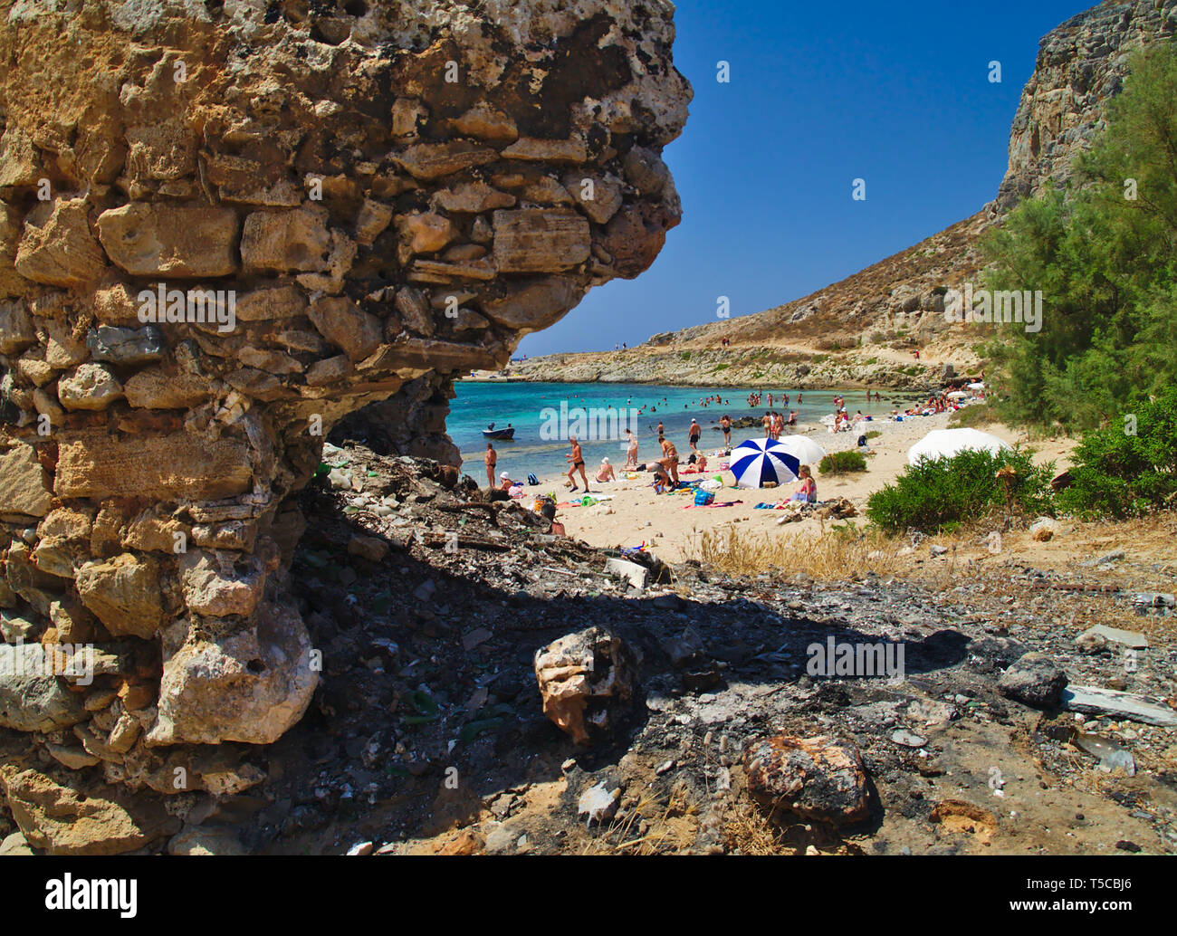 People swiming and sunbathing at Gramvousa island, Crete, Greece Stock ...