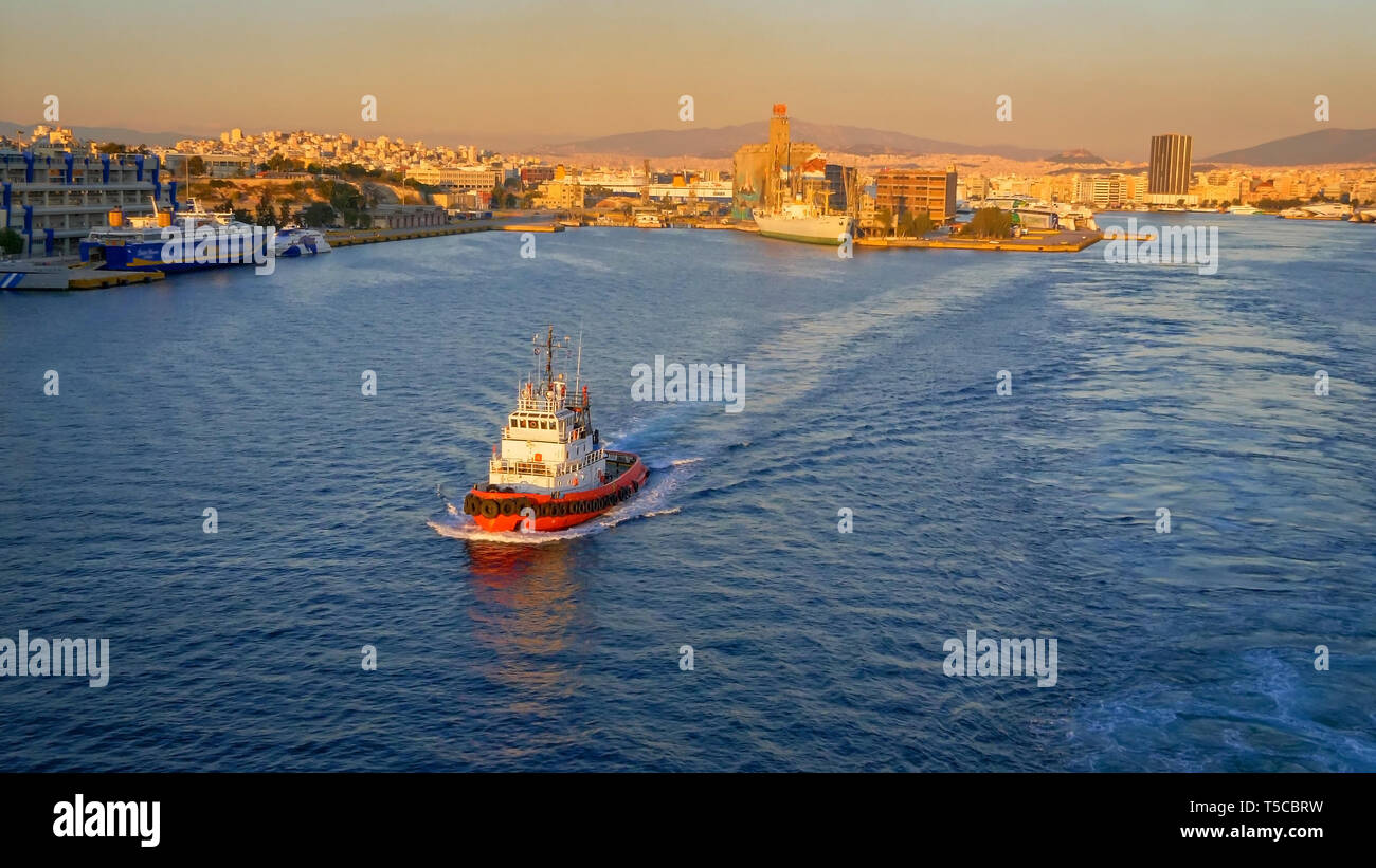 Port of Piraeus with Athens, Greece Skyline, logos removed Stock Photo ...