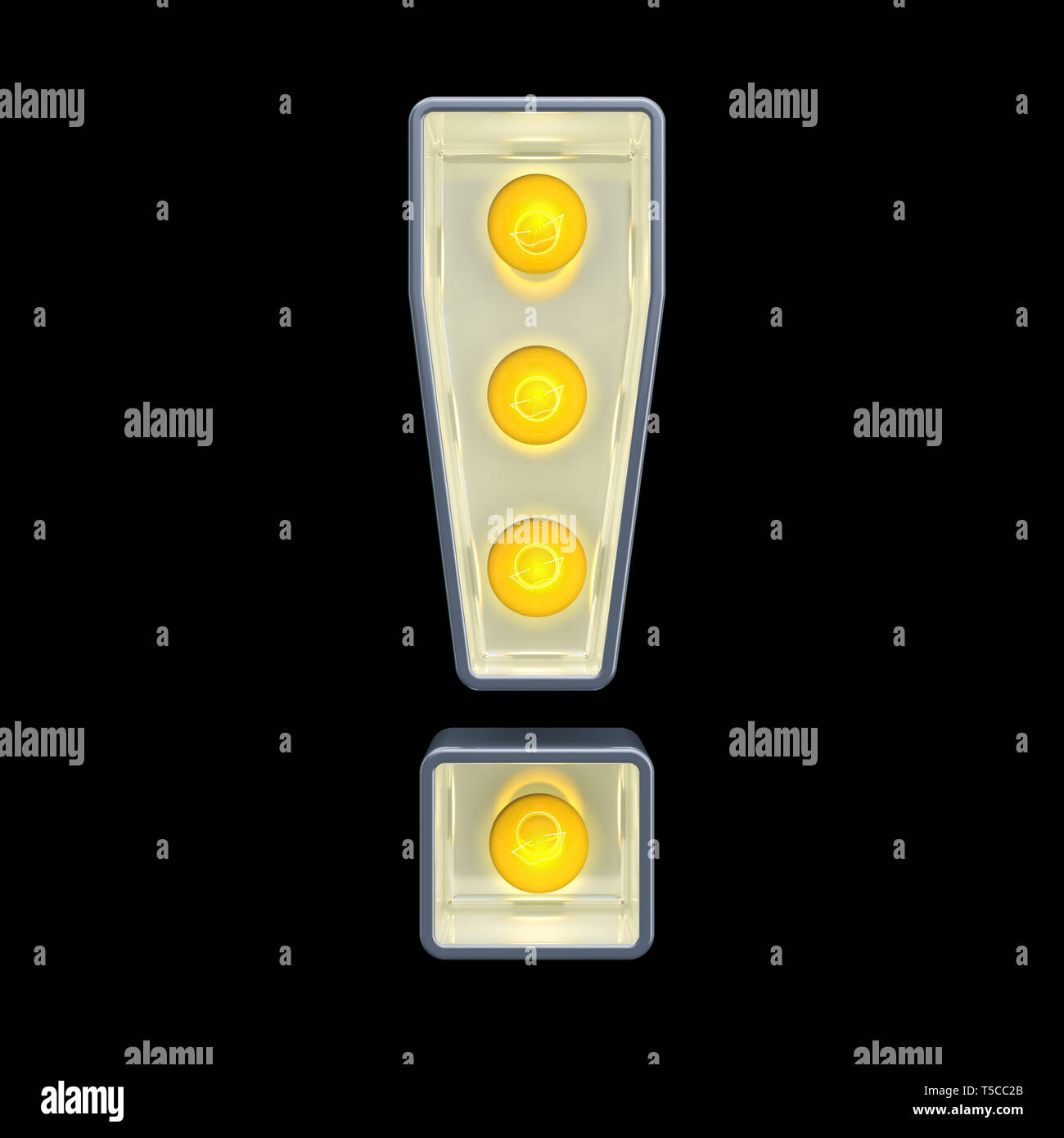 Light bulb exclamation mark, retro glowing font. 3D rendering isolated ...