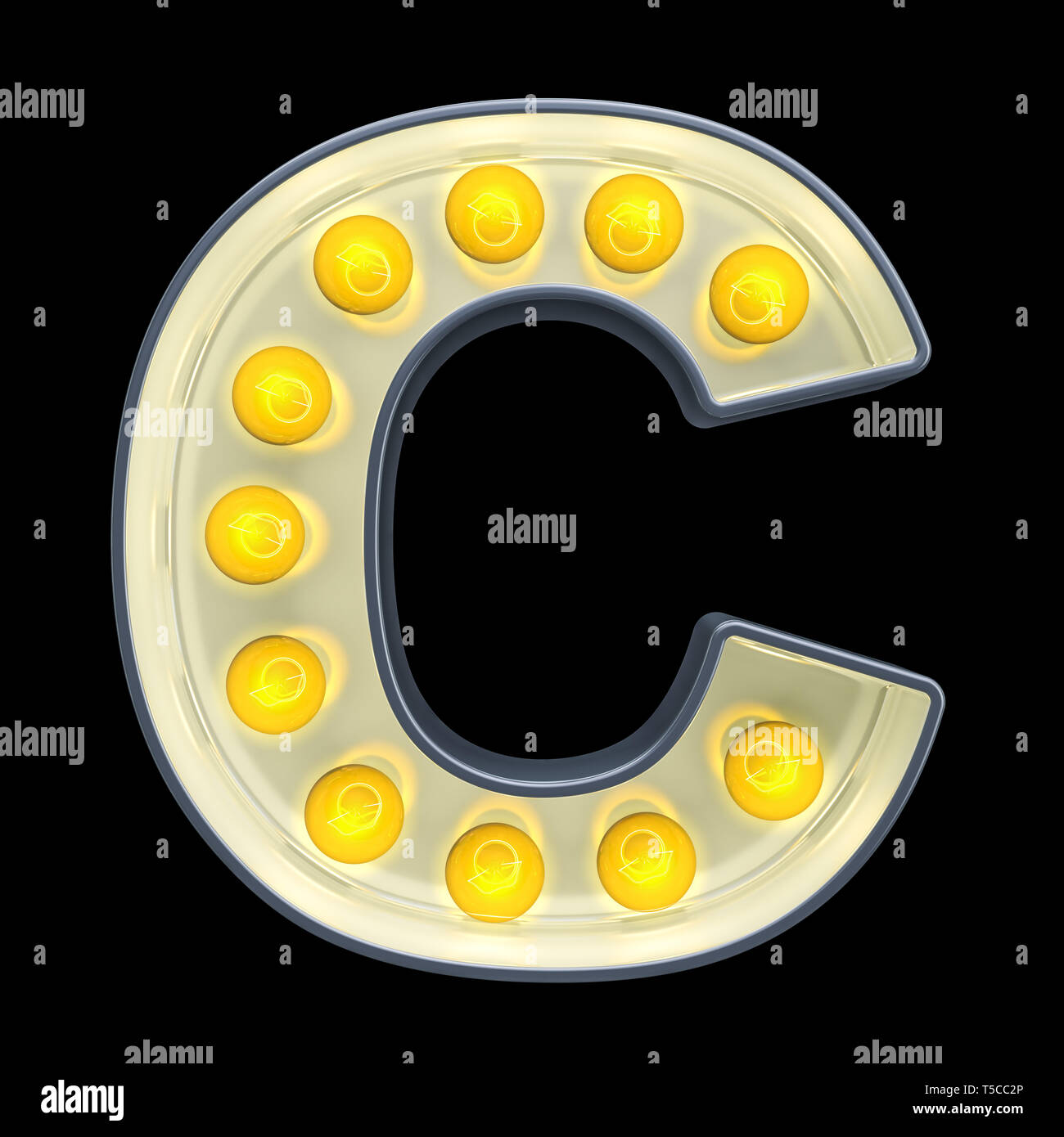 Light bulb letter C, retro glowing font. 3D rendering isolated on black ...