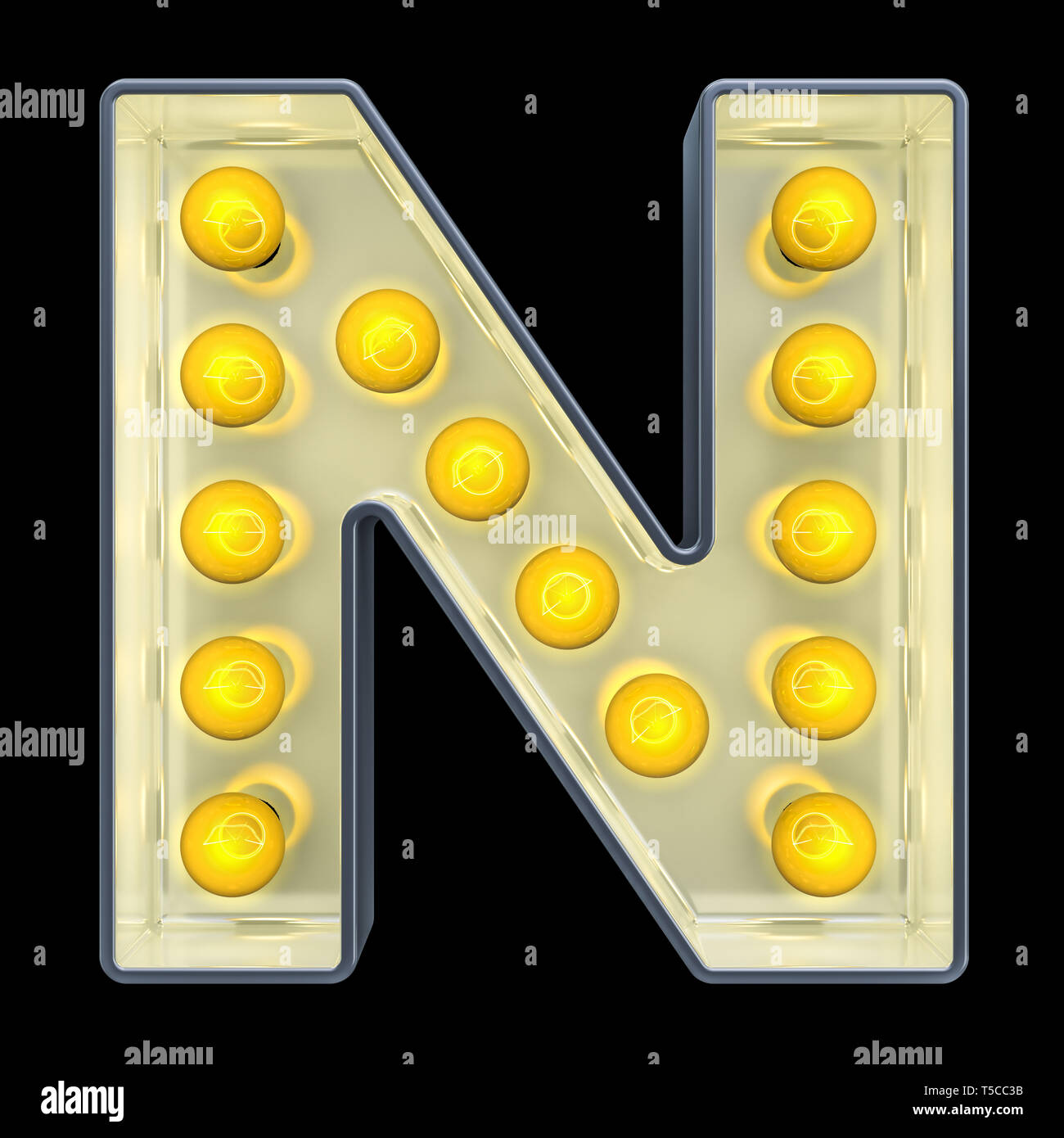 Light bulb letter N, retro glowing font. 3D rendering isolated on black ...