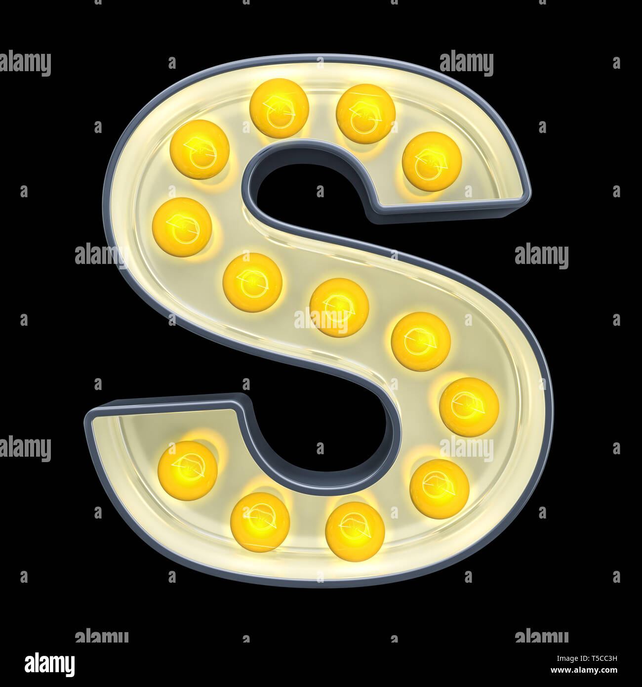Light bulb letter S, retro glowing font. 3D rendering isolated on black ...