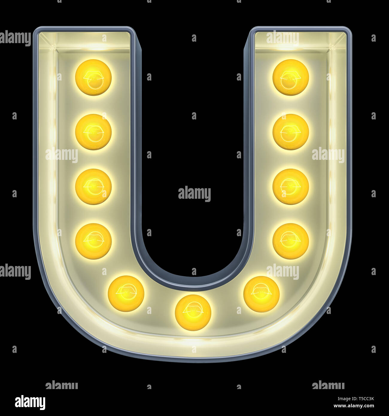 Light bulb letter U, retro glowing font. 3D rendering isolated on black ...