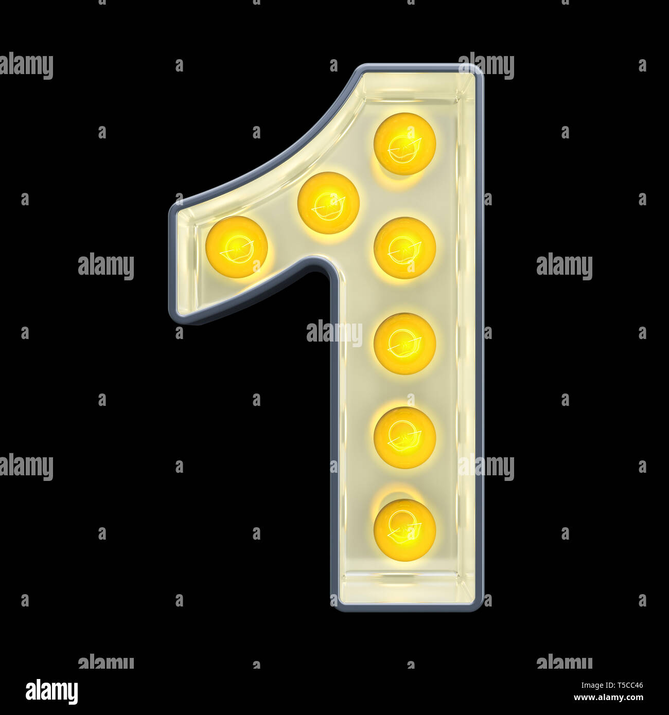 Light bulb number 1, retro glowing font. 3D rendering isolated on black ...