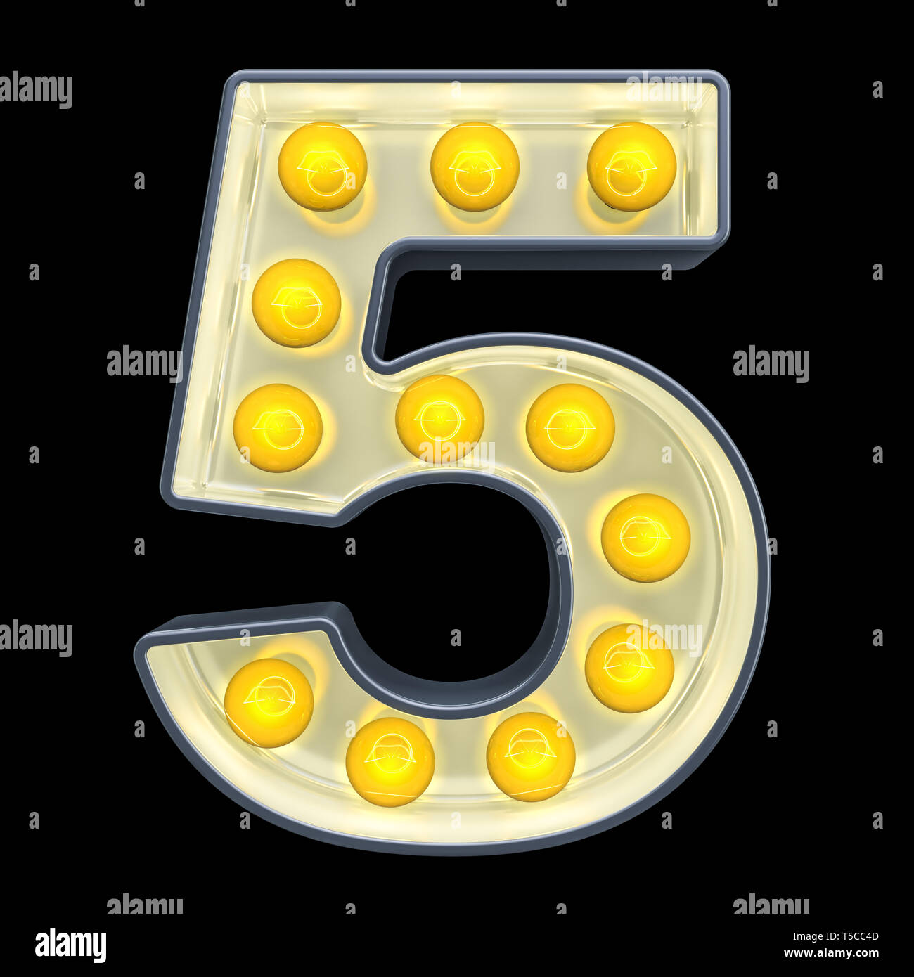 Light bulb number 5, retro glowing font. 3D rendering isolated on black ...