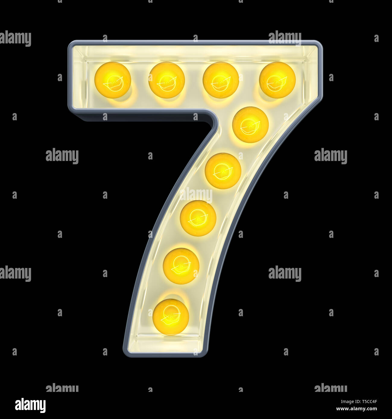 Light bulb number 7, retro glowing font. 3D rendering isolated on black ...