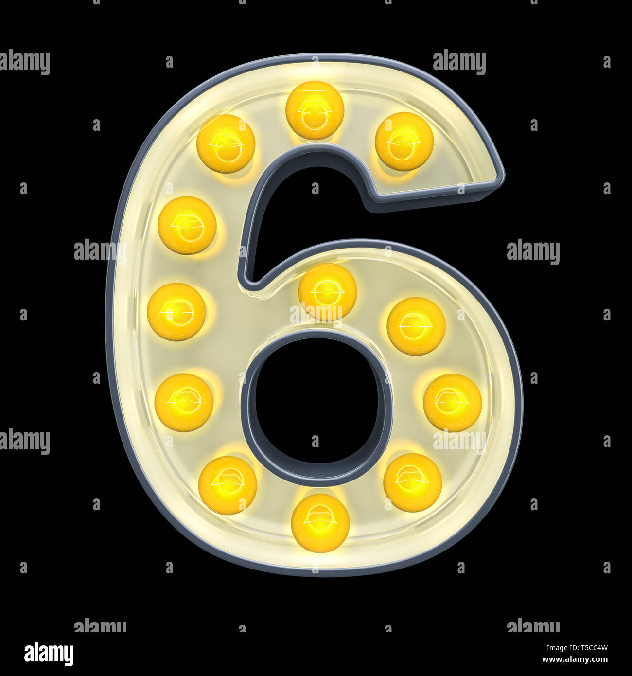 Light bulb number 6, retro glowing font. 3D rendering isolated on black ...