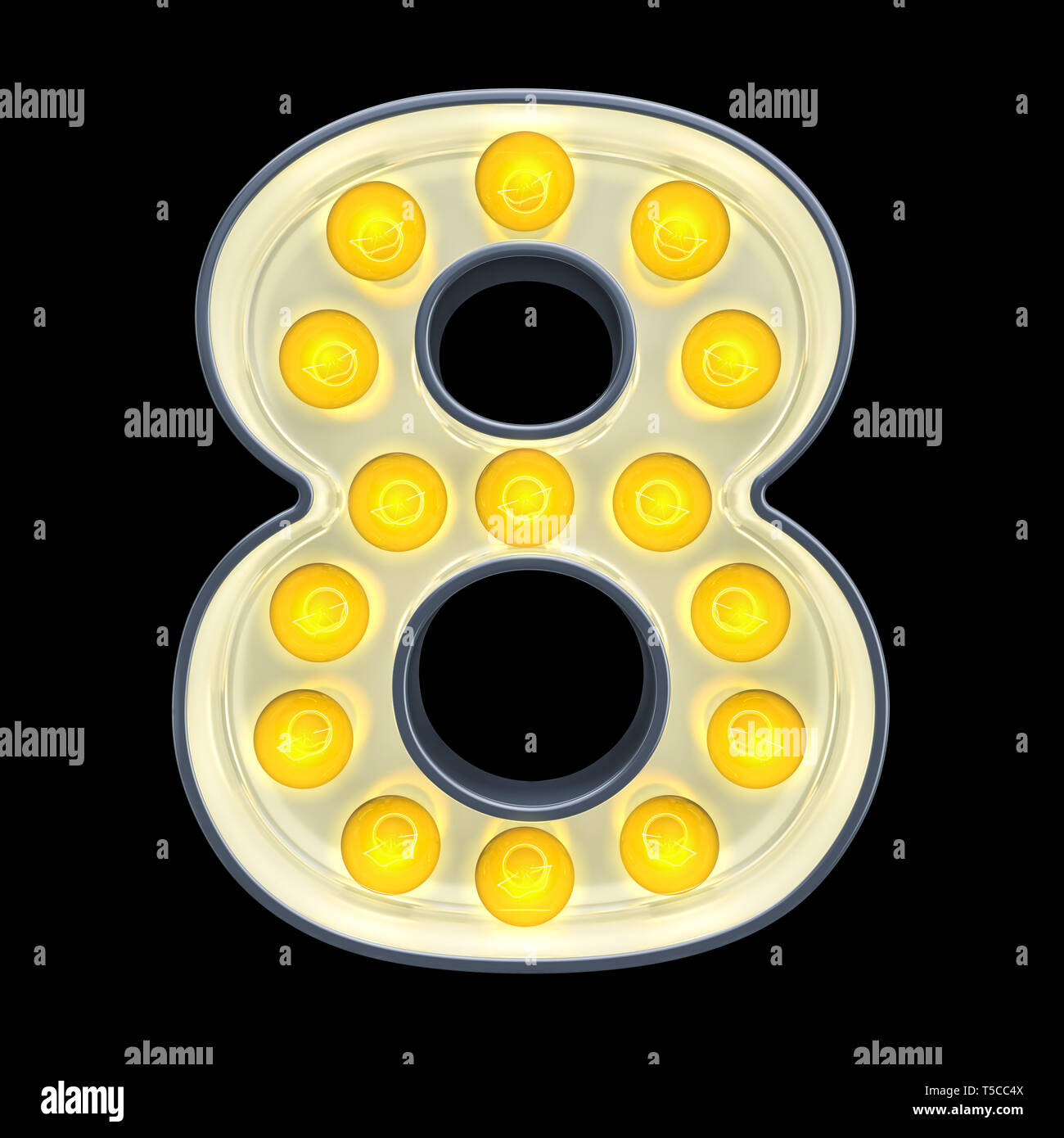 Light bulb number 8, retro glowing font. 3D rendering isolated on black ...