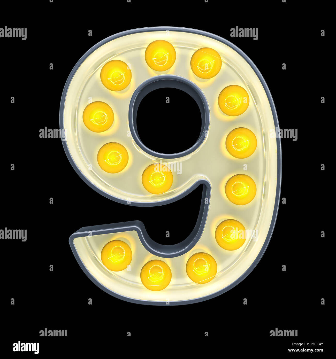 Light bulb number 9, retro glowing font. 3D rendering isolated on black ...