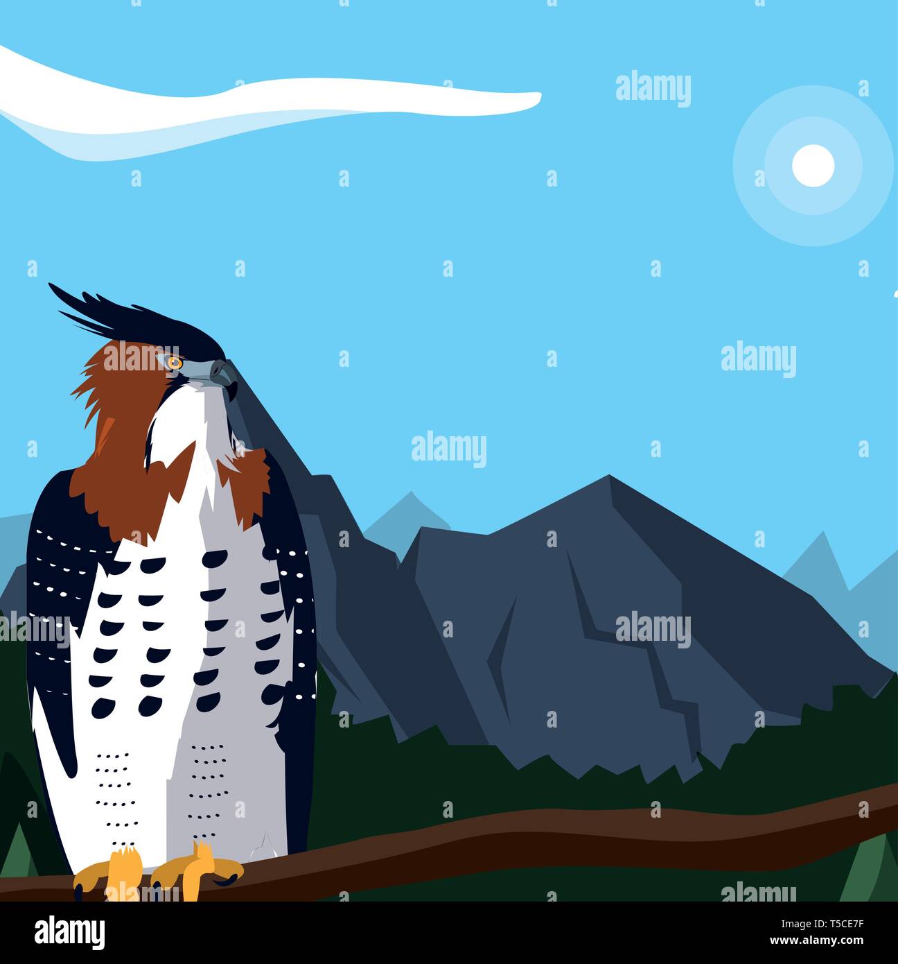 beautiful hawk in tree branch landscape scene vector illustration ...