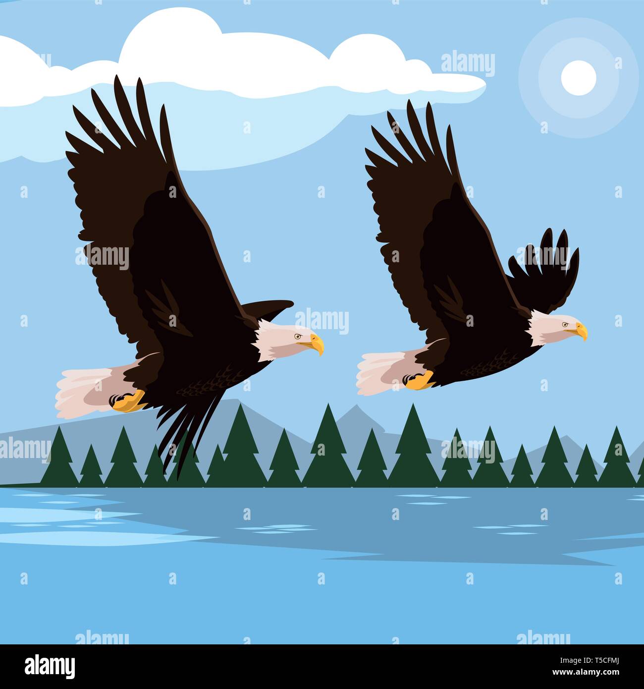 beautiful bald eagles flying in the lake scene vector illustration ...