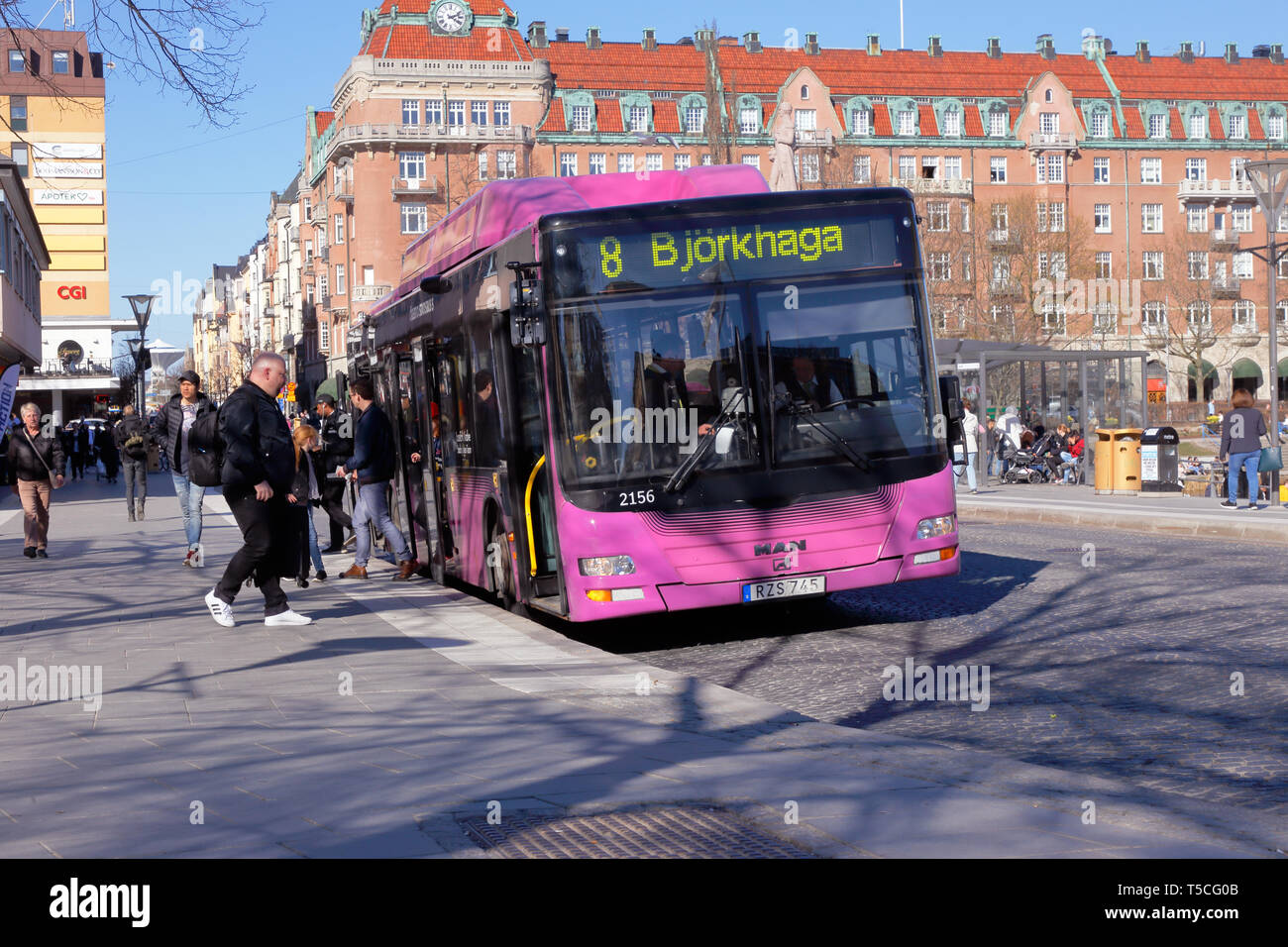 Orebro, Sweden - April 17, 2019: One violet colored city bus operating ...