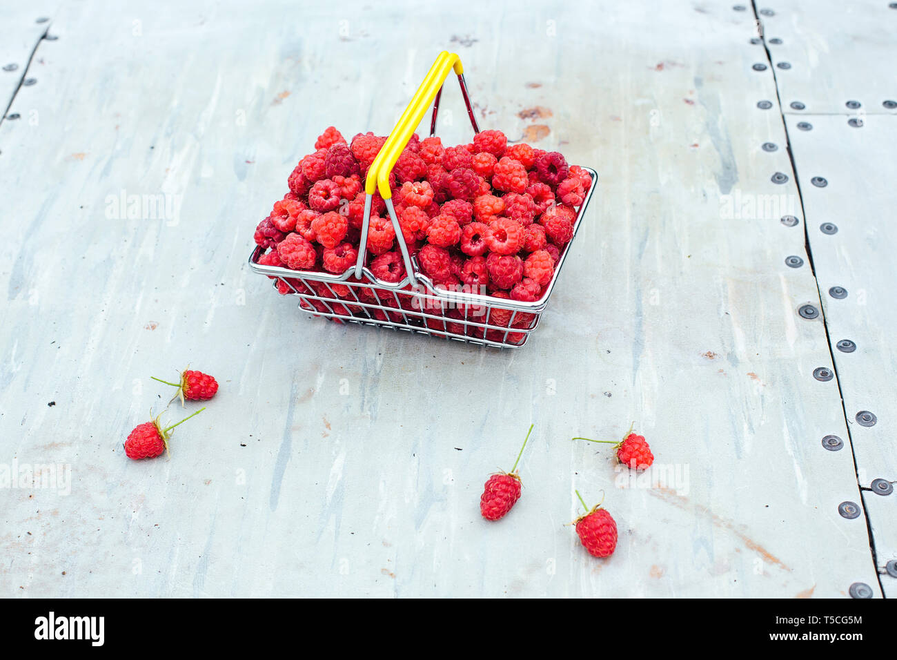 Mini shopping basket full of fresh red ripe raspberry on old grey ...